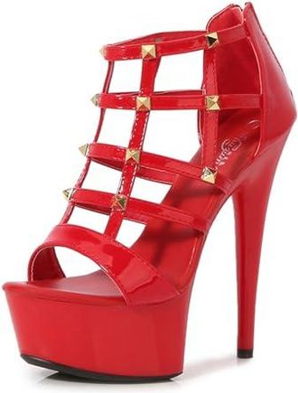 Generic Rouge,43 EU,Escarpins &agrave; Plateforme et Talons Aiguilles pour Femme, Chaussures &agrave; Bout Ouvert, pour soir&eacute;e, Bal, Danse, Fermeture &eacute;clair au Dos, Sandale