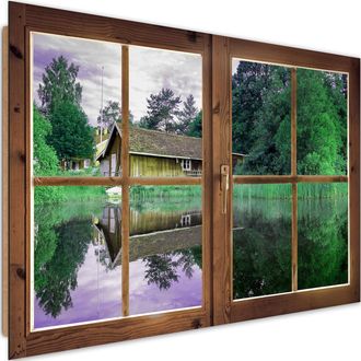 Feeby Wandbilder Wohnzimmer 120x80 cm, Deko Paneel Bilder, Bilder für Schlafzimmer, Echter Gemalter Effekt, Moderne Wanddeko, Gemälde - Fenster 3D, Häuschen