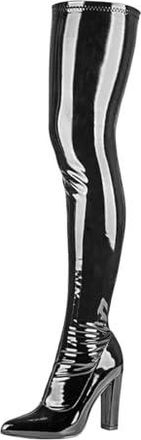 Generic Bottes au-dessus du genou en cuir &eacute;lastique &agrave; bout pointu et talon &eacute;pais pour femme, grande taille, 8, 41.5 EU