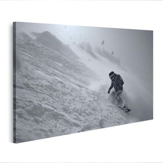Islandburner Leinwandbild Snowboarder im Schneesturm auf der Abfahrt im freien Gel&auml;nde - Leinwand 80x40cm