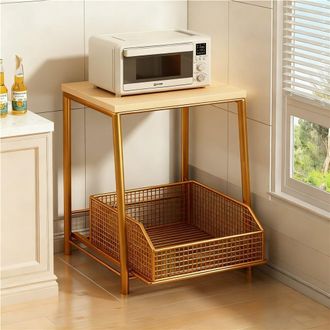 Generic Kompakter Mikrowellenwagen Aufbewarungskorb Küchenregal Büro Wohnzimmer Schlafzimmer Stilvoller Aufbewahrungsständer Zweistöckiger Etagenregal(Gold,B)