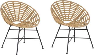 Beliani Lot de 2 Chaises Ext&eacute;rieur en Rotin Marron Clair avec Pieds en M&eacute;tal Noir Style Boh&egrave;me Tendance pour Terrasse Salon ou Salle &agrave; Manger Beliani
