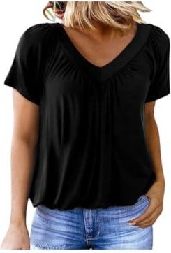 Generic Haut décontracté à Manches Courtes et col en V pour Femme, Chemisiers pour Femmes, Style décontracté, Chemisier dété (Black,Grand)