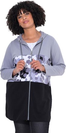 Angel Of Style Damen gro&szlig;e Gr&ouml;&szlig;en &Uuml;bergr&ouml;&szlig;en Plus Size Long-Sweatjacke, A-Linie, Leo-Streifen, R&uuml;cken-Wording schwarz 56 843656100-56