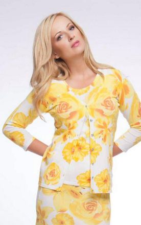 Passioni Cardigan Twinset in Wei&szlig; mit gelbem Blumenmuster