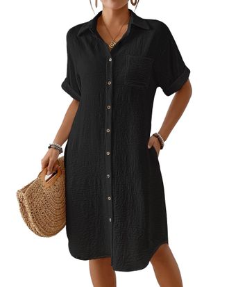 Bsubseach Womens Badeanzug Cover Up Long Button Down Badeanzug Cover Ups Kurzarm Sommer Strand Shirt Kleid mit Taschen Schwarz XL