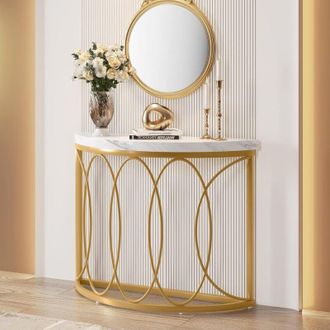 Tribesigns Gold Konsolentisch, Beistelltisch mit Metallrahmen und Halbmonddesign, Moderner Sofatisch Infacher Sofa Tisch f&uuml;r Wohnzimmer Foyer Flur - Tribesigns