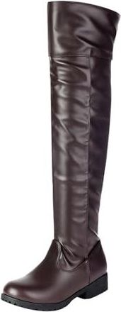 Generic Bottes Hautes Femme Elegant Cuir Talon Bas Bout Rond Grandes Tailles Bottes &Agrave; Enfiler Semelle Chunky Antid&eacute;rapante Tendance Chaussures Femme D&eacute;contrac