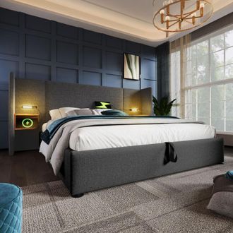 Liberte Lit coffre,lit adulte 180x200,avec table de chevet, lampe de lecture et fonction de recharge USB Type-C, gris