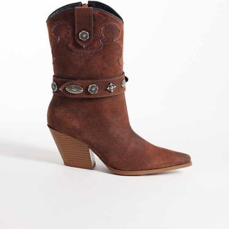 Azalea Wang Azalea Wang - Neith - Mittelhohe Western-Stiefeletten aus Wildleder in Orange mit verziertem G&uuml;rtel