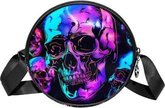 Generic Petit sac &agrave; bandouli&egrave;re circulaire pour femme, motif cr&acirc;nes, petit sac &agrave; dos &agrave; bandouli&egrave;re avec fermeture &eacute;clair, bretelles r&eacute;glables, sac &agrave; main rond