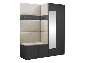 Mirjan24 Garderoben-Set Monati XII, Kleiderschrank mit Spiegel, Schuhschrank, 2X Kleiderhakenbrett, Gepolstertes Paneel/Wandpaneel, 6 Doppelhaken, Flurgarderob