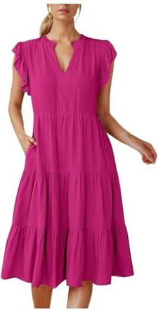 Generic Robe d&eacute;t&eacute; 2026 boh&egrave;me pour femmes, robe midi &agrave; manches volant&eacute;es et col volant&eacute;, coupe d&eacute;contract&eacute;e, pour plage &agrave; volants, Rouge, M