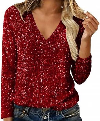 Generic Hauts &agrave; paillettes pour femmes, mode d&eacute;contract&eacute;e, chemisiers scintillants &agrave; col en V, f&ecirc;te de vacances, haut scintillant chatoyant &agrave; manches longues,