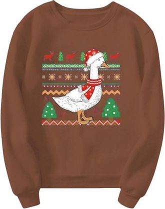 Generic Sweat-shirt de No&euml;l &agrave; manches longues et col rond d&eacute;contract&eacute; pour femme - Imprim&eacute; mignon - Automne et hiver, caf&eacute;, XXL