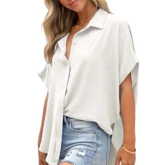 Generic Normaltly Chemise de couleur unie, chemise d&eacute;contract&eacute;e &agrave; manches courtes pour femme, ourlet fendu, haut de couleur unie, v&ecirc;tements tendance &agrave; col en 