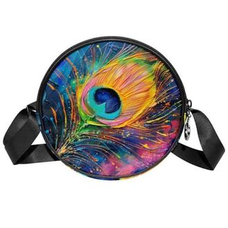 Generic Sac &agrave; bandouli&egrave;re rond rond pour femme, motif plumes de paon, avec fermeture &eacute;clair, bretelles r&eacute;glables, style d&eacute;contract&eacute;