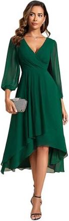 Ever-pretty Robe de Soir&eacute;e Femme A Line High Low Col V 3/4 Manches pour Mariage Chic Vert Fonc&eacute; 44