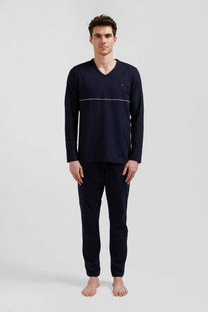 Eden Park Pyjama Long En Coton Bleu Marine Liser&eacute; Blanc