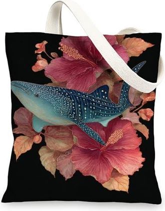 Generic Sacs fourre-tout en toile motif baleine tropicale, sacs à provisions réutilisables, légers et lavables, noir, 13x15 Inch