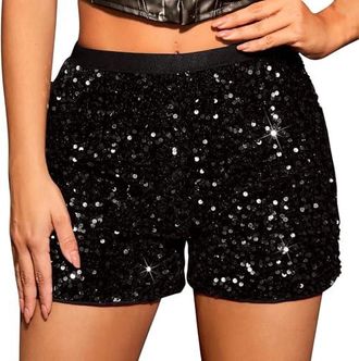 Generic Short pour femme taille haute &agrave; paillettes couleur unie short court scintillant tenues tendance 2025, Noir, S