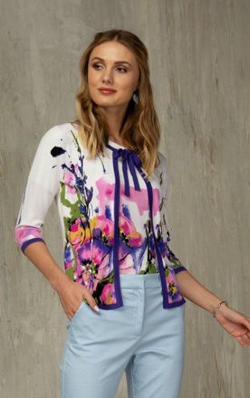 Passioni Cardigan Twinset mit Aquarell-Blumendruck, Strass und Bindedetail vorne
