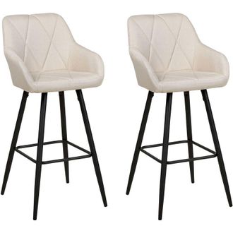 Beliani Lot 2 Chaises de Bar Modernes Assise Rembourr&eacute;e en Tissu Beige Clair avec Accoudoirs et Pieds en M&eacute;tal Noirs Darien