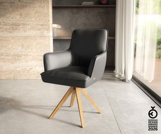 DELIFE Drehstuhl Heira-Flex mit Armlehnen Echt-Leder Schwarz Holzgestell kantig Natur 180&deg; drehbar Taschenfederkern, Esszimmerst&uuml;hle