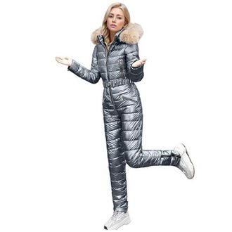 Generic Combinaison de ski dhiver ajust&eacute;e et &eacute;paisse avec grand col rembourr&eacute; pour femme, Argent&eacute;., XXL