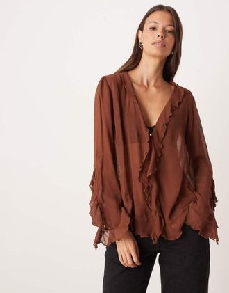 Free People Bali Tulula - Blouse style boh&egrave;me &agrave; volants en mousseline - Terre de Sienne-Brown