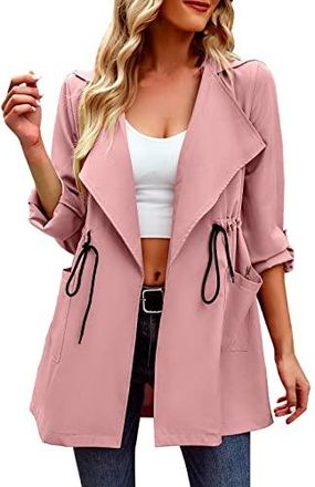 Generic Vestes pour femmes 2026 style de couleur unie coupe-vent &eacute;l&eacute;gant avec ceinture &agrave; cordon de serrage, rose, M
