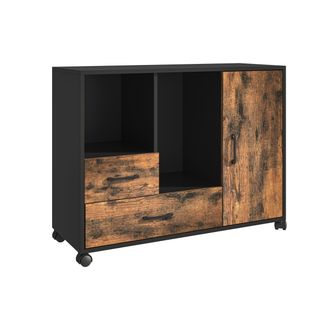 Relaxdays Rollcontainer 2 Schubladen, 4 F&auml;cher, HBT: 70x90x35 cm, Rollwagen mit T&uuml;r, B&uuml;roregal Industrial, braun/schwarz