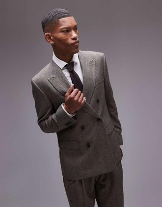 Topman Premium - Relaxed Fit Jacke in Braun aus Wollmix mit Streifen und Fischgrätmuster-Grau