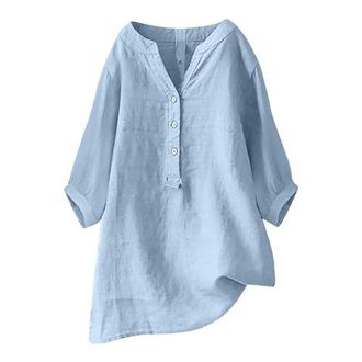 Generico Chemises pour femme &agrave; manches longues en coton et lin taille L, col rond, vintage, couleur unie, t-shirt basique l&eacute;ger printemps, chemisiers et chemis