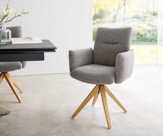 DELIFE Drehstuhl Jova-Flex mit Armlehnen Boucl&eacute; Silbergrau Holzgestell kantig Natur 180&deg; drehbar Taschenfederkern, Esszimmerst&uuml;hle