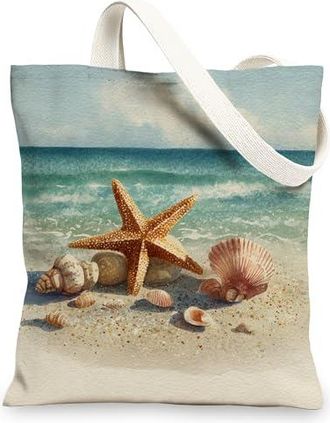 Generic Sacs fourre-tout en toile côtière, design de coquillage artistique, sacs à provisions réutilisables, légers et lavables avec bandoulière, beige, 13x15