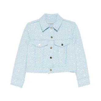 Alice & Olivia Femme, Vestes, Bleu, Taille: 40 FR Veste Cropped en Tweed avec Poche de Poitrine &agrave; Sequins