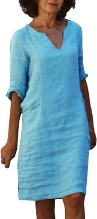 Generic Robe Vintage Femme Coton Et Lin- Robe Grande Taille Manches 3/4 Col en V De Couleur Solide R&eacute;Tro-Taille Haute &eacute;Piss&eacute;E Comfortable Chic Et &eacute;L&eacute;Gants Cla