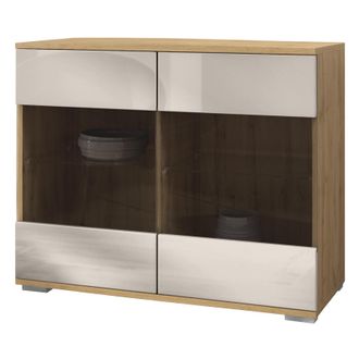 Vladon Kommode Bari V3, Moderner Küchenschrank mit 2 großen Glastüren Eiche Evoke/Sandgrau Hochglanz (92,5 x 75.5 x 35)