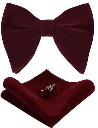 Alizeal Ensemble noeud papillon surdimensionné en velours pré-noué, mouchoir et boutons de manchette pour homme, bordeaux, Oversized