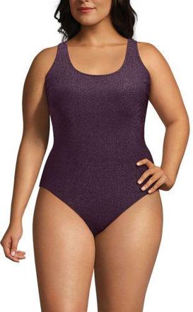 Lands End Glitzer-Komfort-Badeanzug mit gekreuzten Trägern, hohes Bein, Damen, Größe:52 plus, Rot, Elasthan/Nylon-Mischung, by Lands End