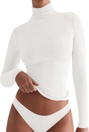 Generic Haut &agrave; manches longues et col montant pour femme, extensible, coupe ajust&eacute;e, col roul&eacute; thermique pour superposition, travail, voyage, gym | Doux et re