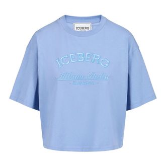 Iceberg Femme, Tops, Bleu, Taille: 36 FR T-shirt bleu poudr&eacute; coupe carr&eacute;e en jersey de coton avec imprim&eacute; Iceberg Social Club
