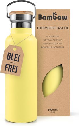 Bambaw Thermosflasche 1 Liter, Trinkflasche Gelb, Edelstahl Trinkflasche, Trinkflasche 1l Sp&uuml;lmaschienenfest, Wasserflaschen 1l - Sonnengelb