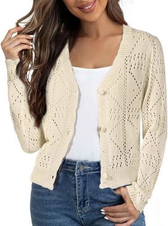 Allegra K Cardigan en Tricot Femme Gilet Court au Crochet Boutonn&eacute; &agrave; Manches Longues Pull L&eacute;ger &agrave; Col en V Ajour&eacute; Beige M
