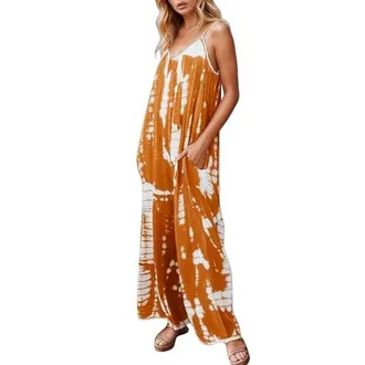 Generic Robes boh&egrave;me 2026 pour femmes, bretelles spaghetti, combinaisons, pantalons teints par nouage, d&eacute;contract&eacute;, grande taille avec poches, Orange, 4XL