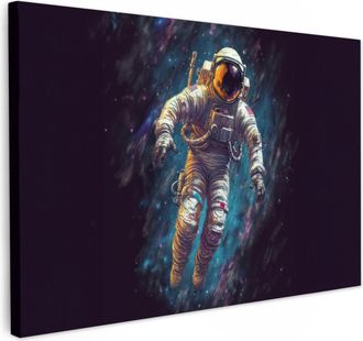 MuchoWow &copy; Leinwand 90x60 cm Deko Schlafzimmer Aesthetic Leinwandbilder Wohnzimmer Gem&auml;lde Foto Geschenk Living Room Decoration Weltraum - Neon - Astronaut - S