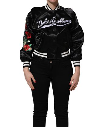 Dolce & Gabbana Womens Black Satin Floral Embroidery Bomber Jacket Cotton Nylon Polyester Clothing