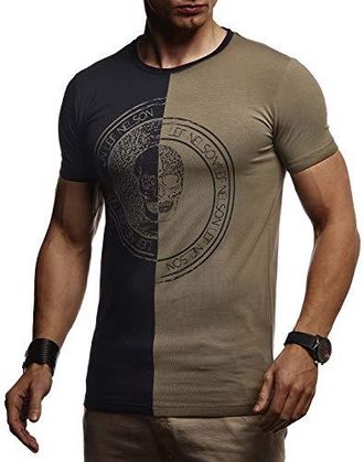 LEIF NELSON LN4395 T-shirt dété à col rond, coupe ajustée, basique en coton, pour homme, motif tête de mort, Noir/kaki, S