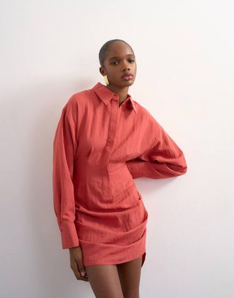 Topshop Robe chemise en lin avec jupe fronc&eacute;e - Rouille-rose